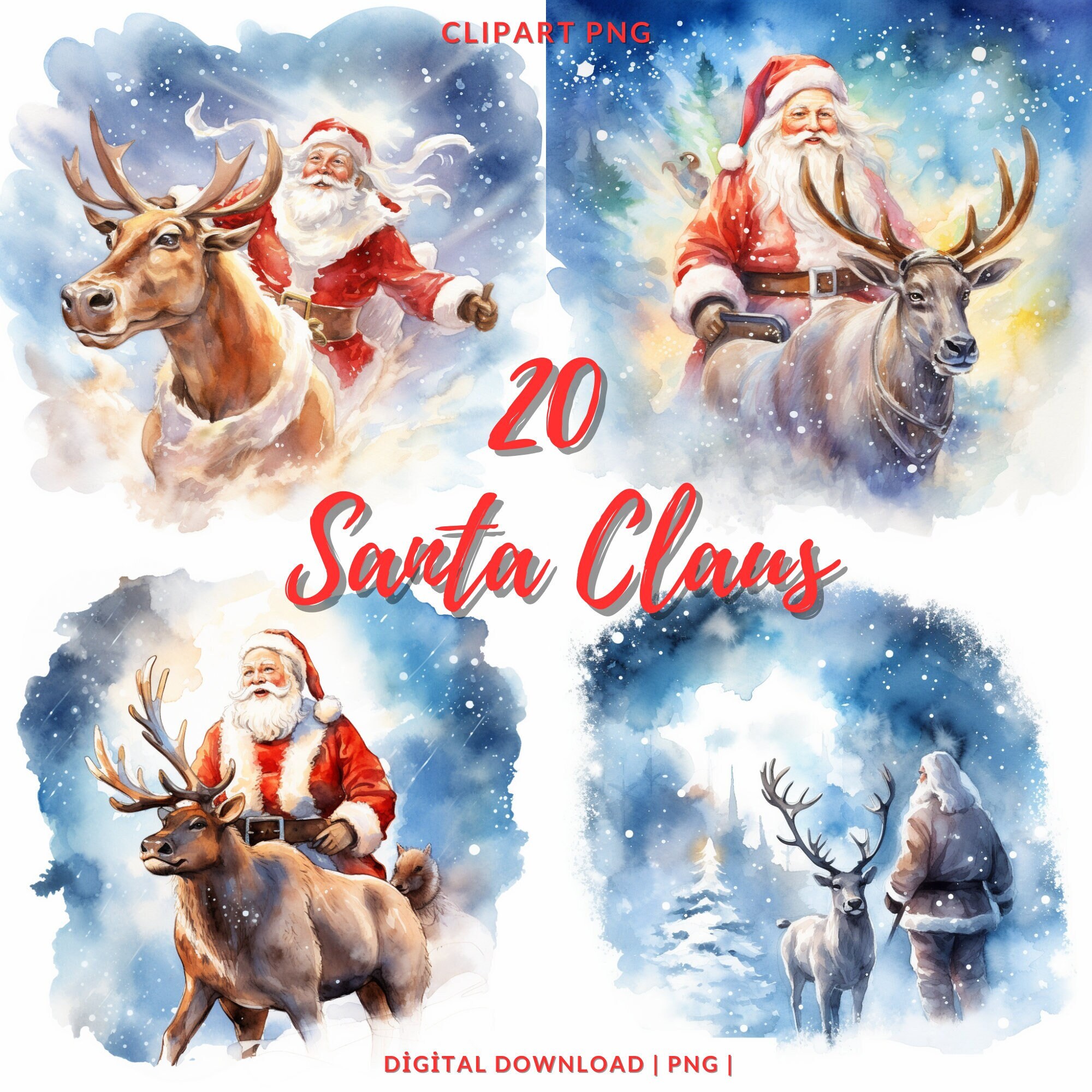 Santa Claus Clipart PNG , 20 Watercolor Santa Claus Flying , Reindeer ...