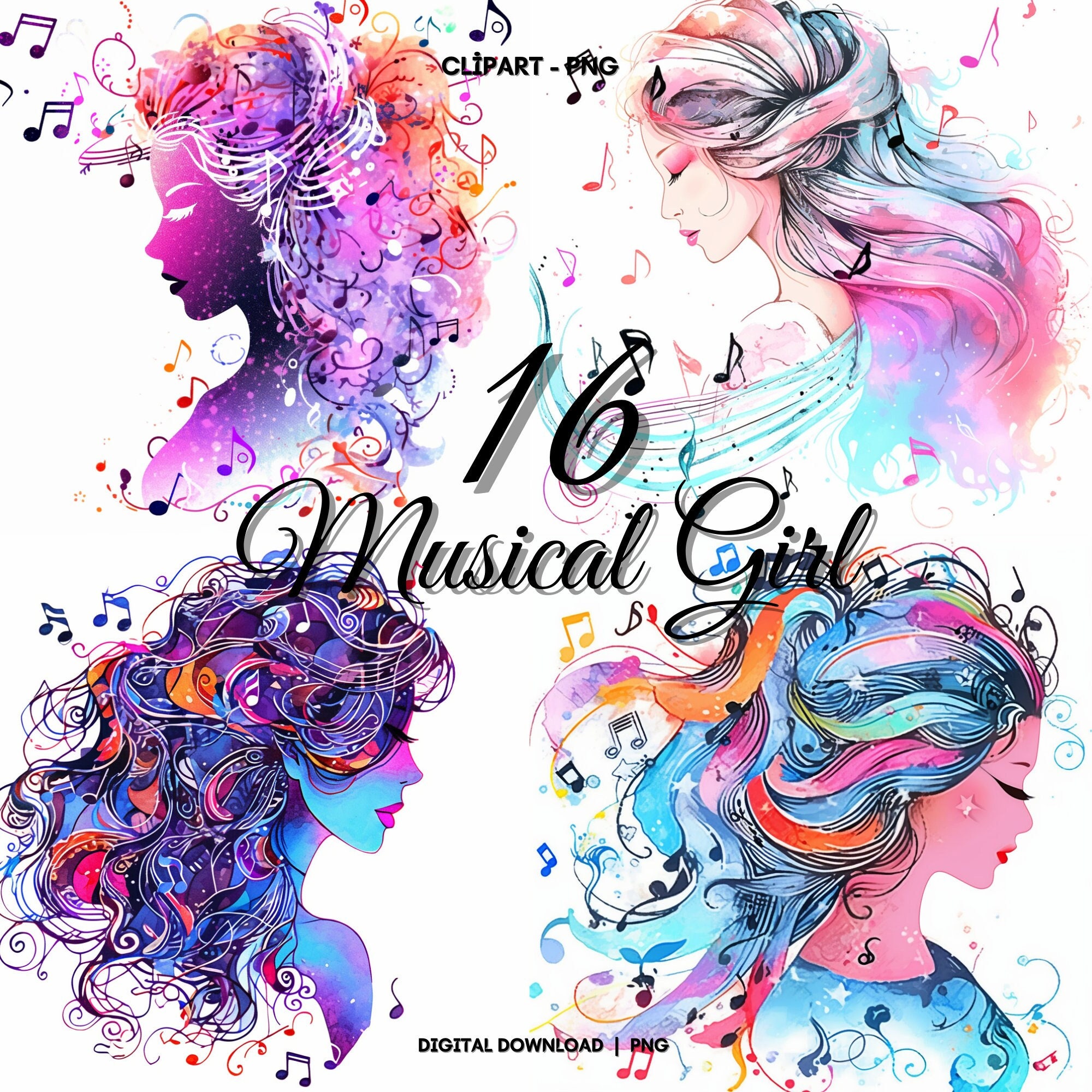Music Clipart PNG, 16 Colored Musical Girl, Music Girl Watercolor ...