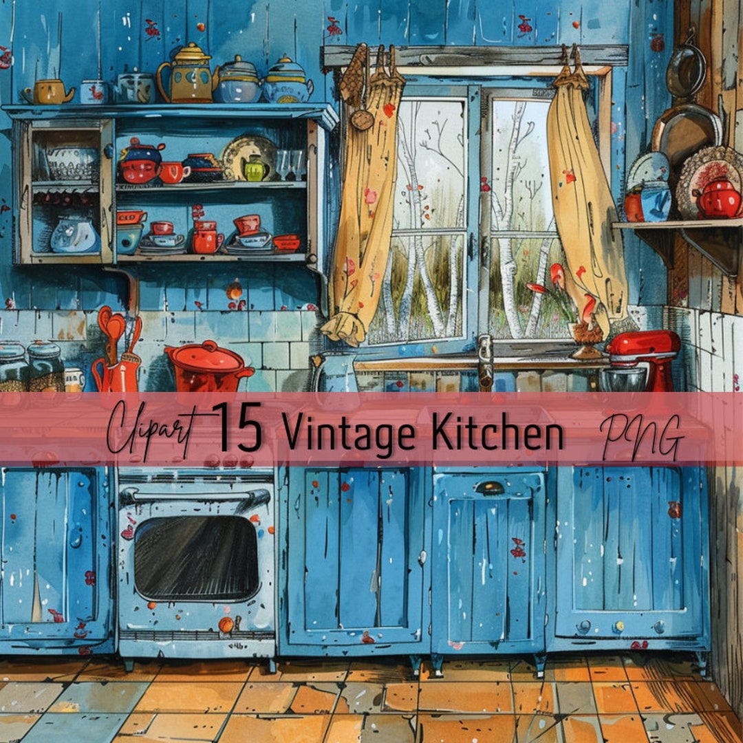 Vintage Kitchen Clipart, 15 Blue Kitchen Images Bundle, Vintage PNG Set ...