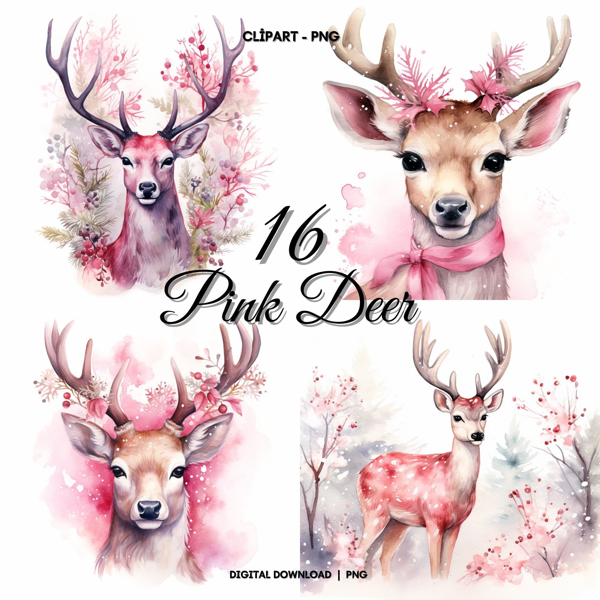 Deer Clipart PNG, 16 Pink Deer PNG, Animal Bundle, Pink Deer Clipart ...