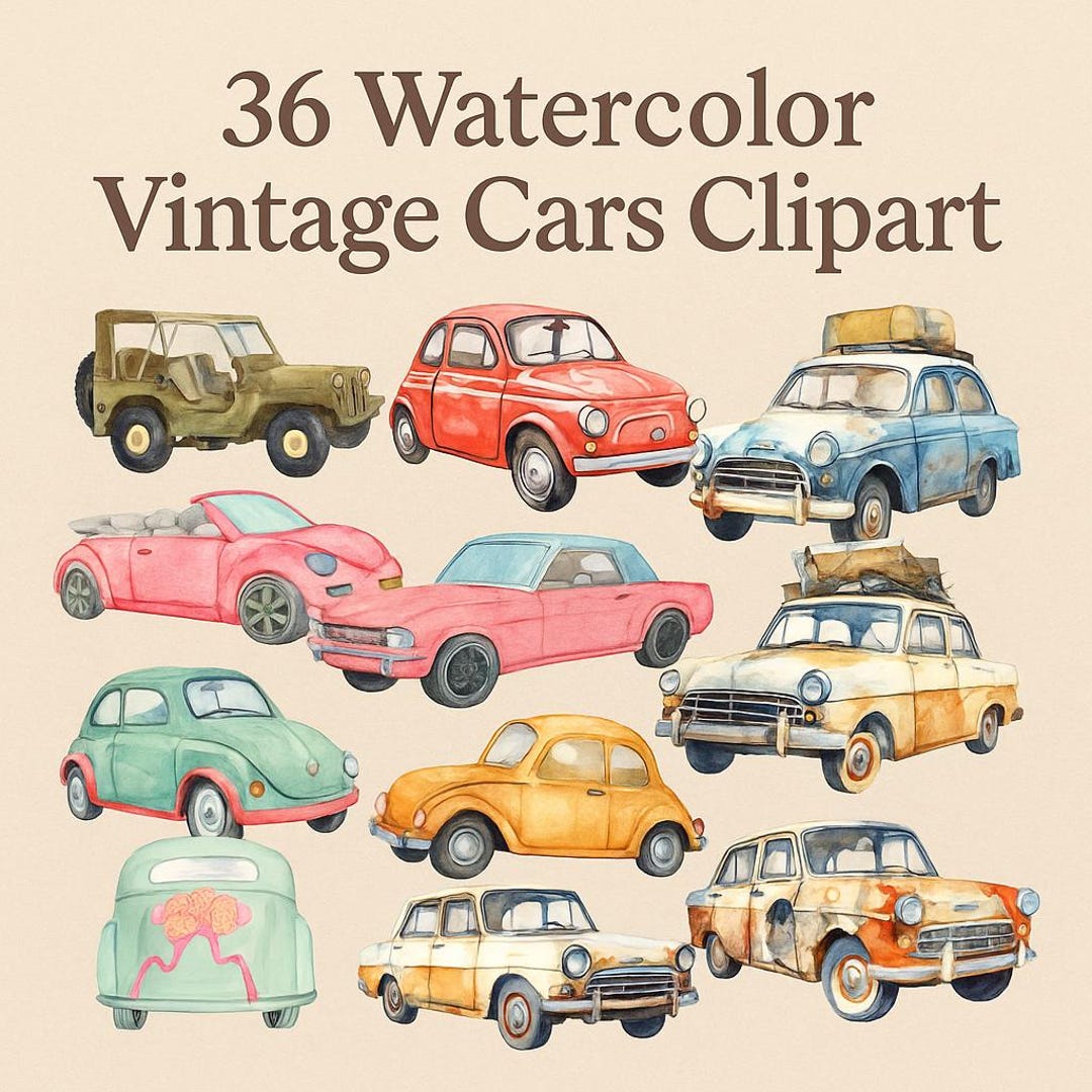 36 Watercolor Vintage Car Clipart, Retro Car PNG Set, Classic Vehicle ...