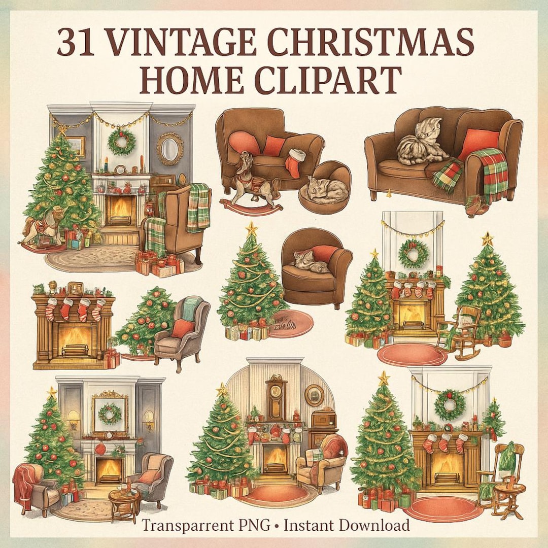 Vintage Clipart, Christmas Room Illustrations (transparent Background ...