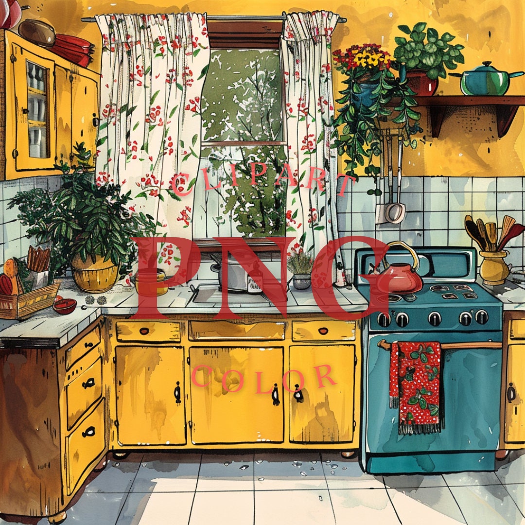 Vintage Kitchen Clipart, 12 Yellow Kitchen Images Bundle, Vintage PNG ...