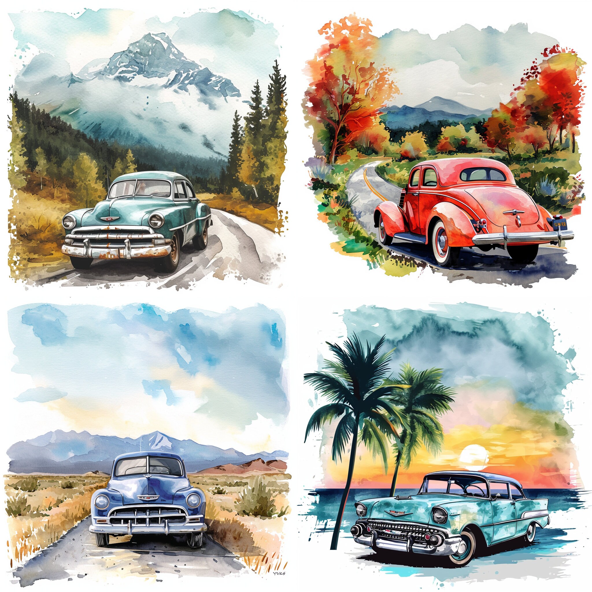 Retro Car PNG Clipart, 20 Watercolor Car PNG, Unique Watercolor Car ...