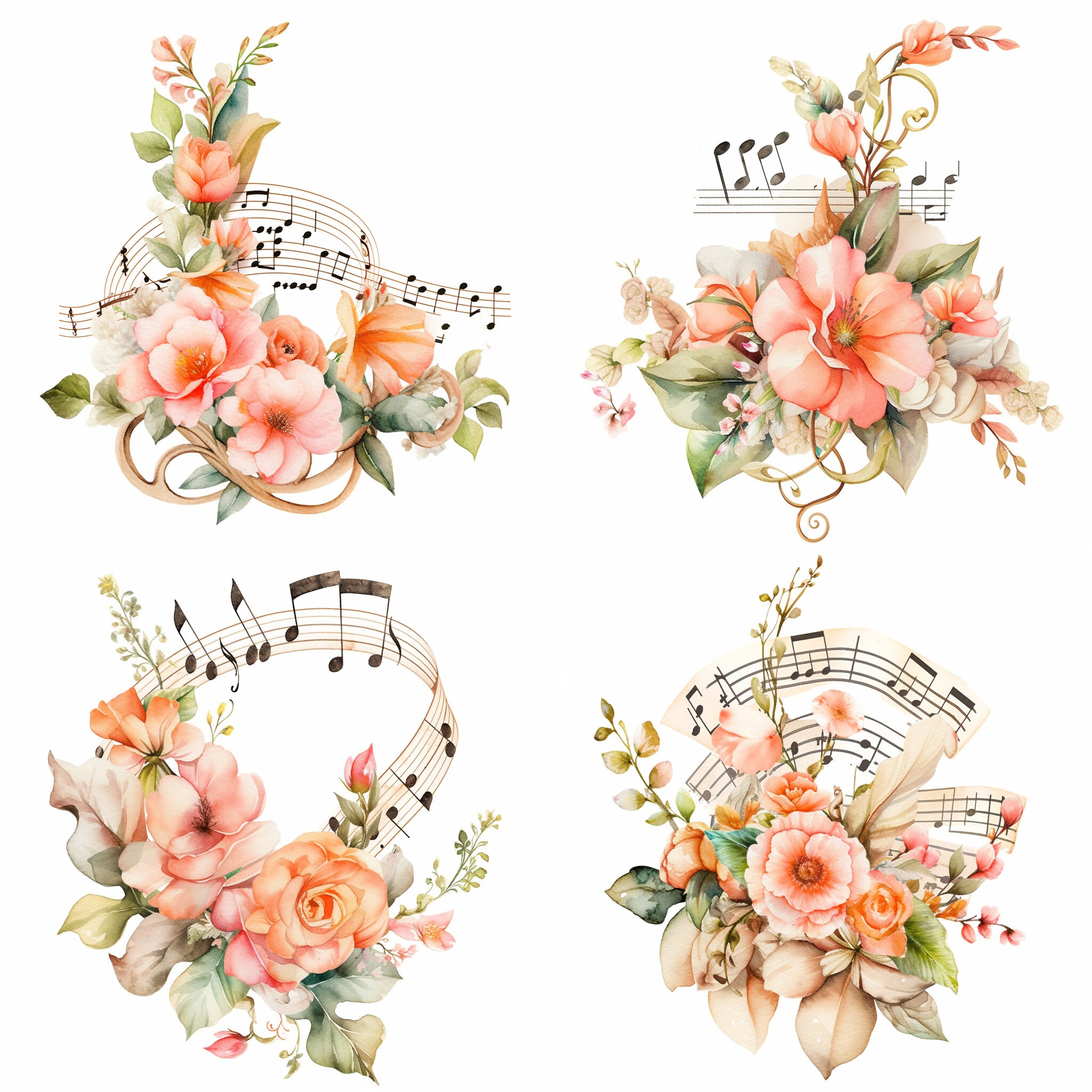 Music Notation Watercolor Clipart PNG, 32 Flowers Musical Note, Instant ...