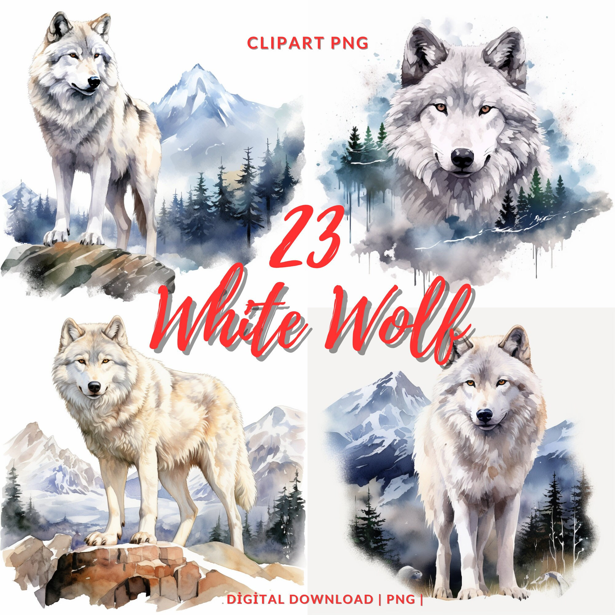 Wolf Clipart PNG, 23 White Wolf Digital Download, Wolf Portrait Clipart ...