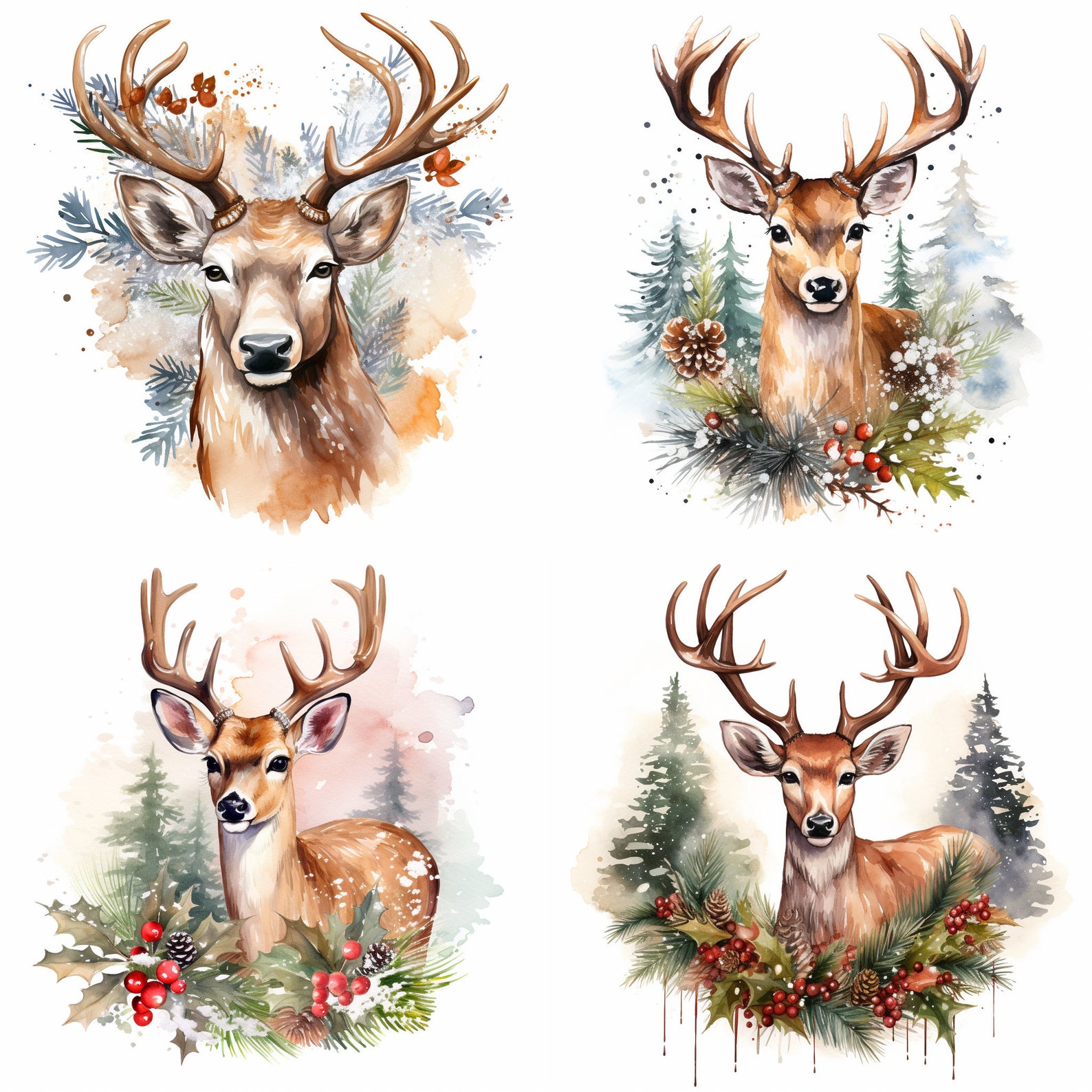 Christmas Deer Clipart PNG: 24 Festive Holiday Illustrations (digital ...
