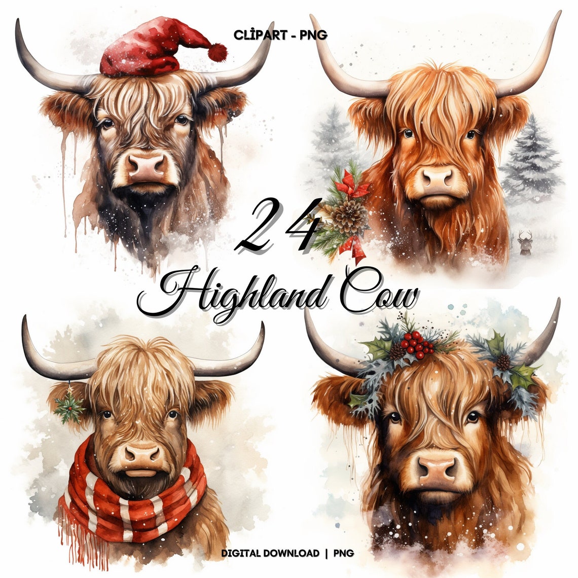 Christmas Clipart PNG, 24 Christmas Highland Cow PNG, Animal Bundle ...