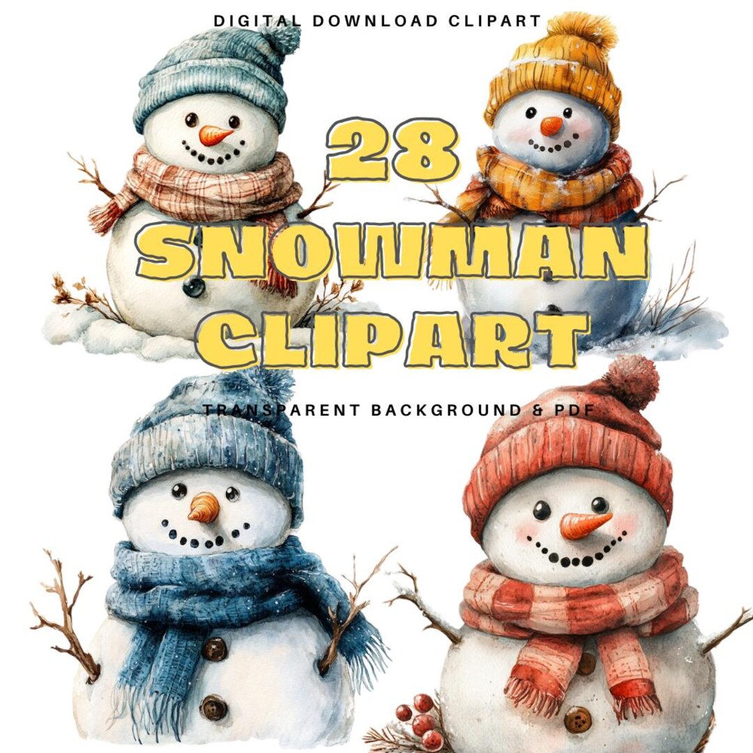 Watercolor Cute Snowman Clipart, 28 PNG Illustrations, Whimsical Winter ...