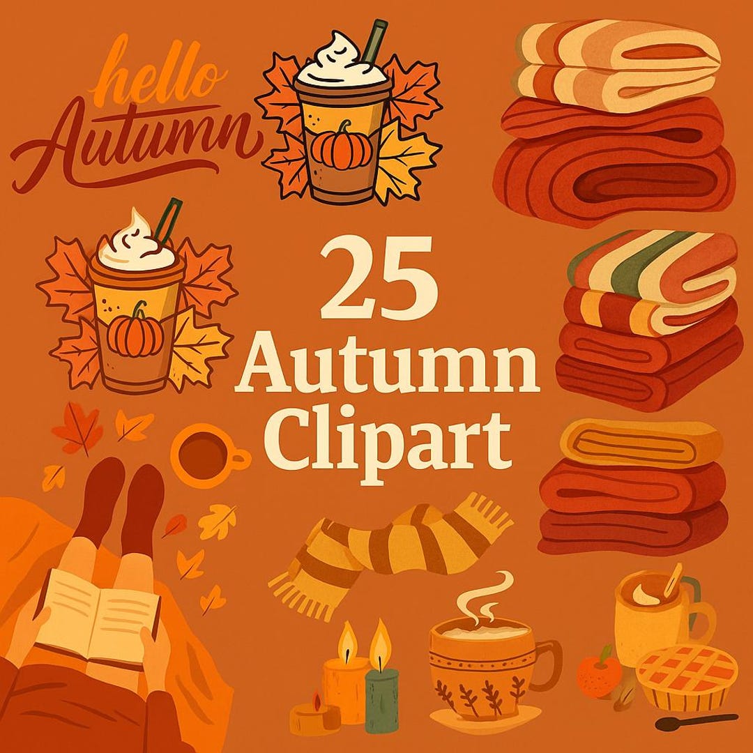 Autumn Clipart Bundle, 25 Cozy Fall PNG Illustrations, Digital Download ...