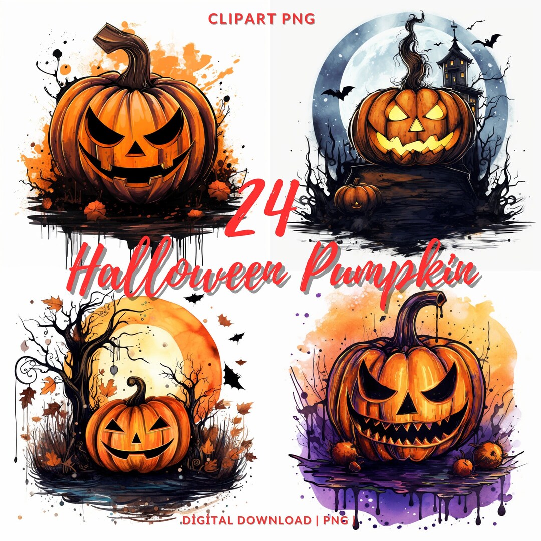 Halloween Pumpkin Watercolor Clipart , 24 Pumpkin Clipart PNG , Card ...