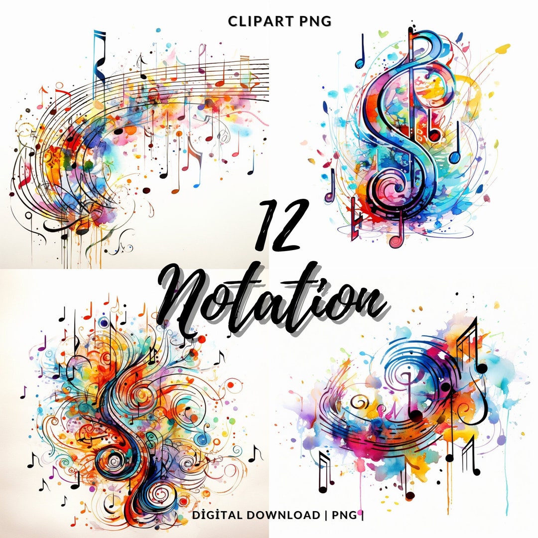 Watercolor Music Notation Clipart: 12 Colorful Notes PNG Graphics ...