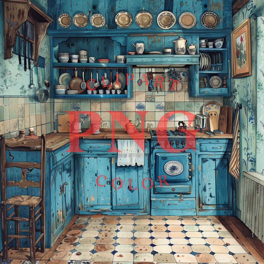 Vintage Kitchen Clipart, 15 Blue Kitchen Images Bundle, Vintage PNG Set ...