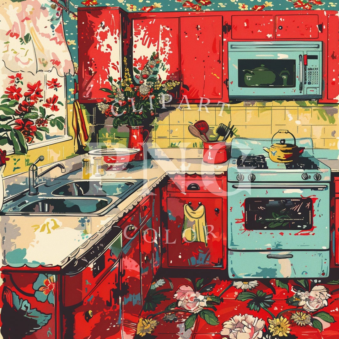 Vintage Kitchen Clipart, 16 Red Kitchen Images Bundle, Vintage PNG Set ...