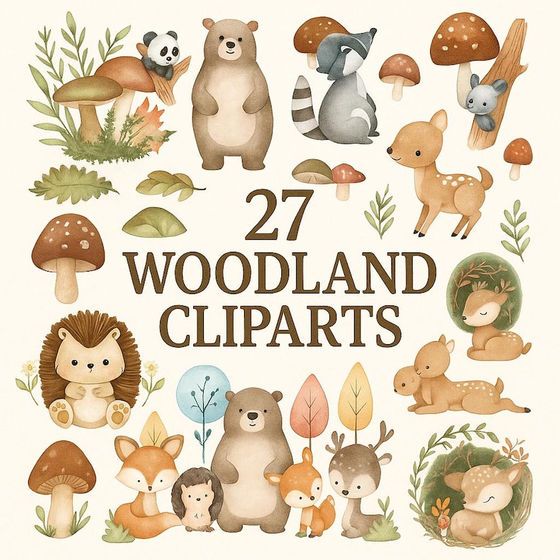 Woodland Animals Clipart Set: 27 Watercolor Forest Creatures (PNG ...