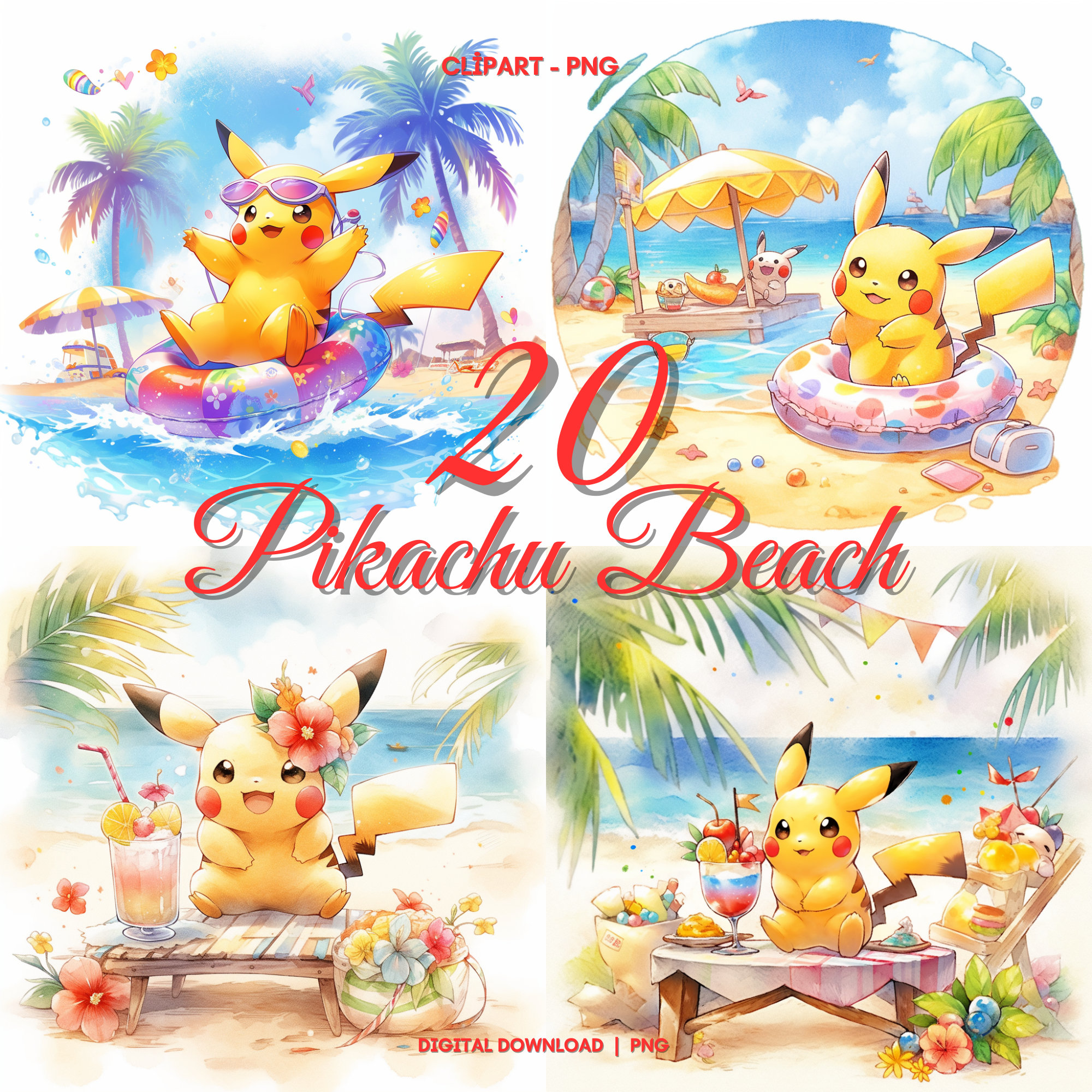 Pikachu Clipart: 20 PNG Beach Cartoon Images (digital Download) - Etsy ...