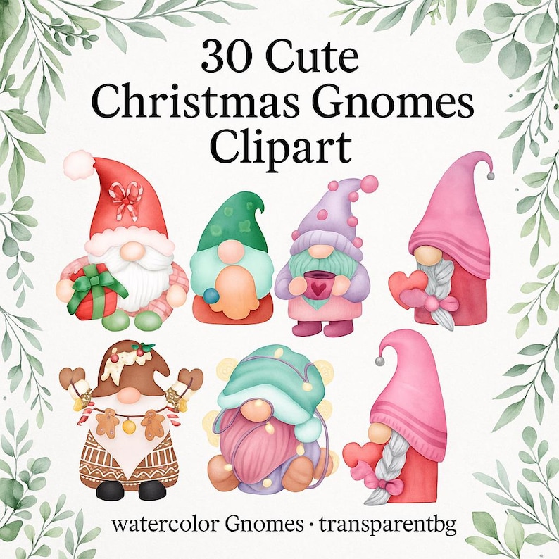 30 Christmas Gnomes Clipart, Watercolor Christmas Gnome PNG, Xmas ...