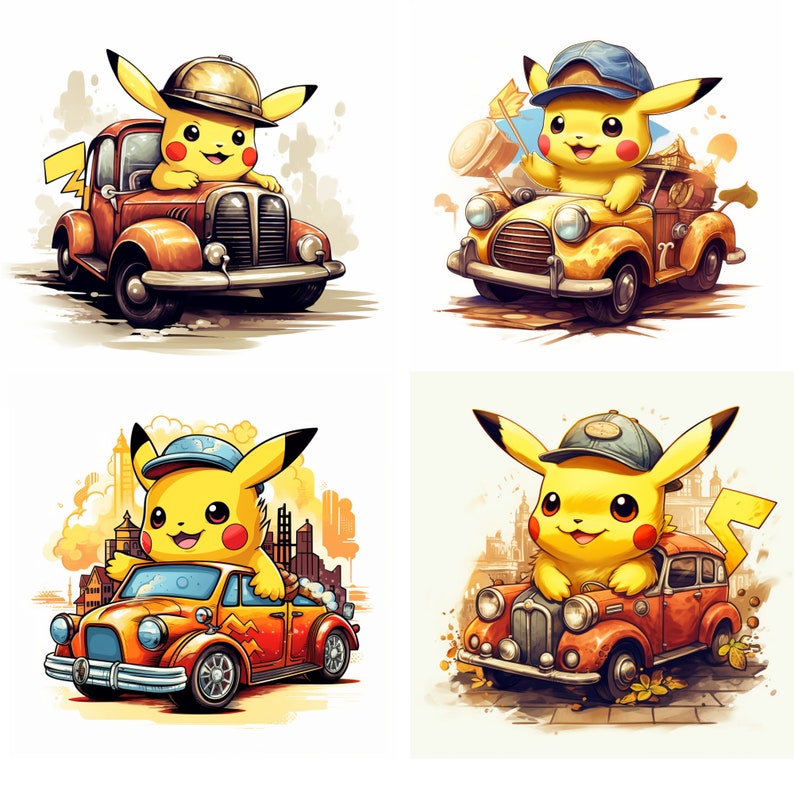 Pikachu Vintage Car Clipart, Cartoon Images Bundle (PNG Digital ...