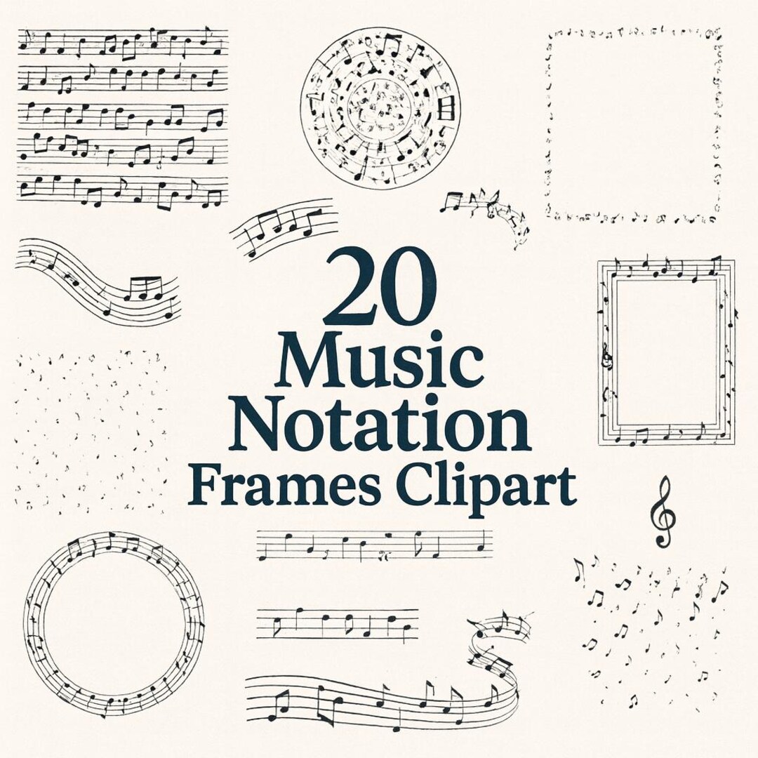 Music Notation Frames Clipart: Black and White PNG Bundle (commercial ...