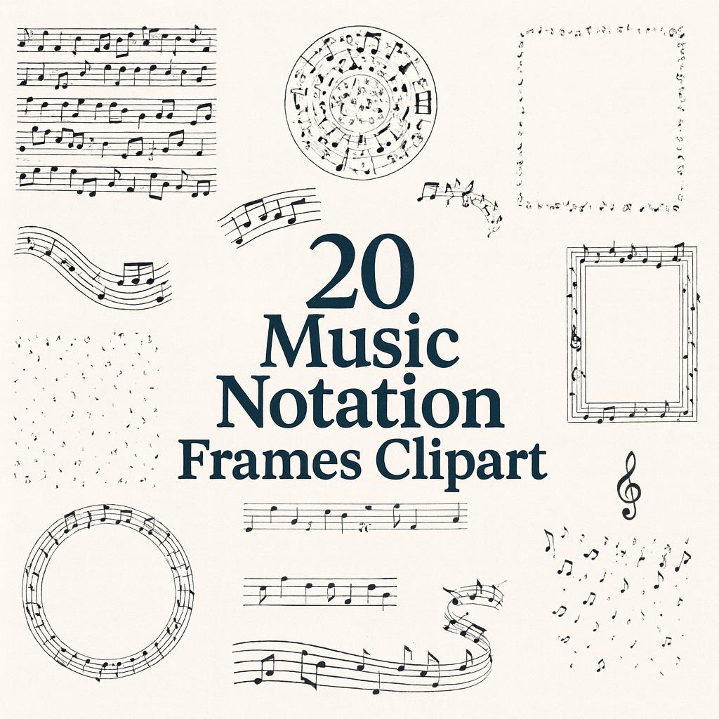 Music Notation Frames Clipart: Black and White PNG Bundle (commercial ...