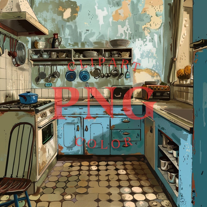 Vintage Kitchen Clipart, 15 Blue Kitchen Images Bundle, Vintage PNG Set ...