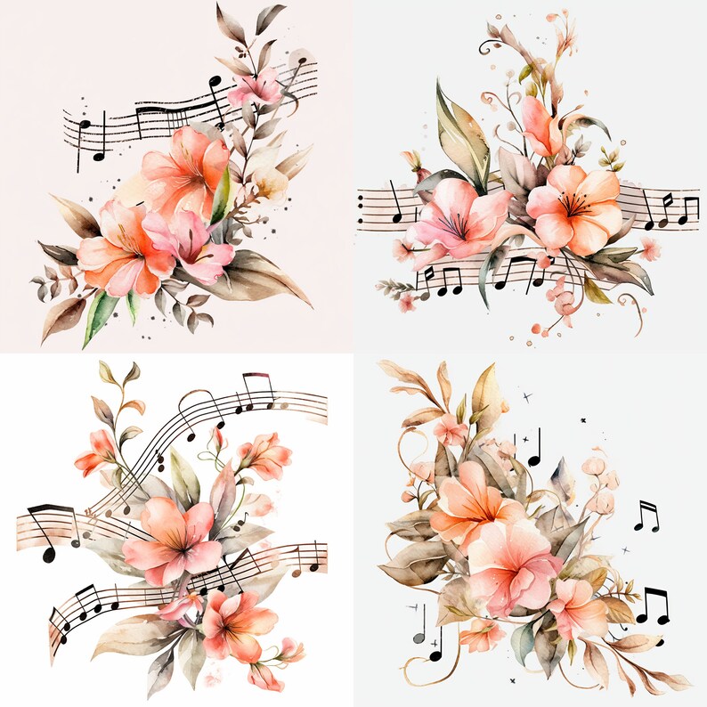 Watercolor Music Note Clipart: 32 Floral PNG Images (commercial Use) - Etsy
