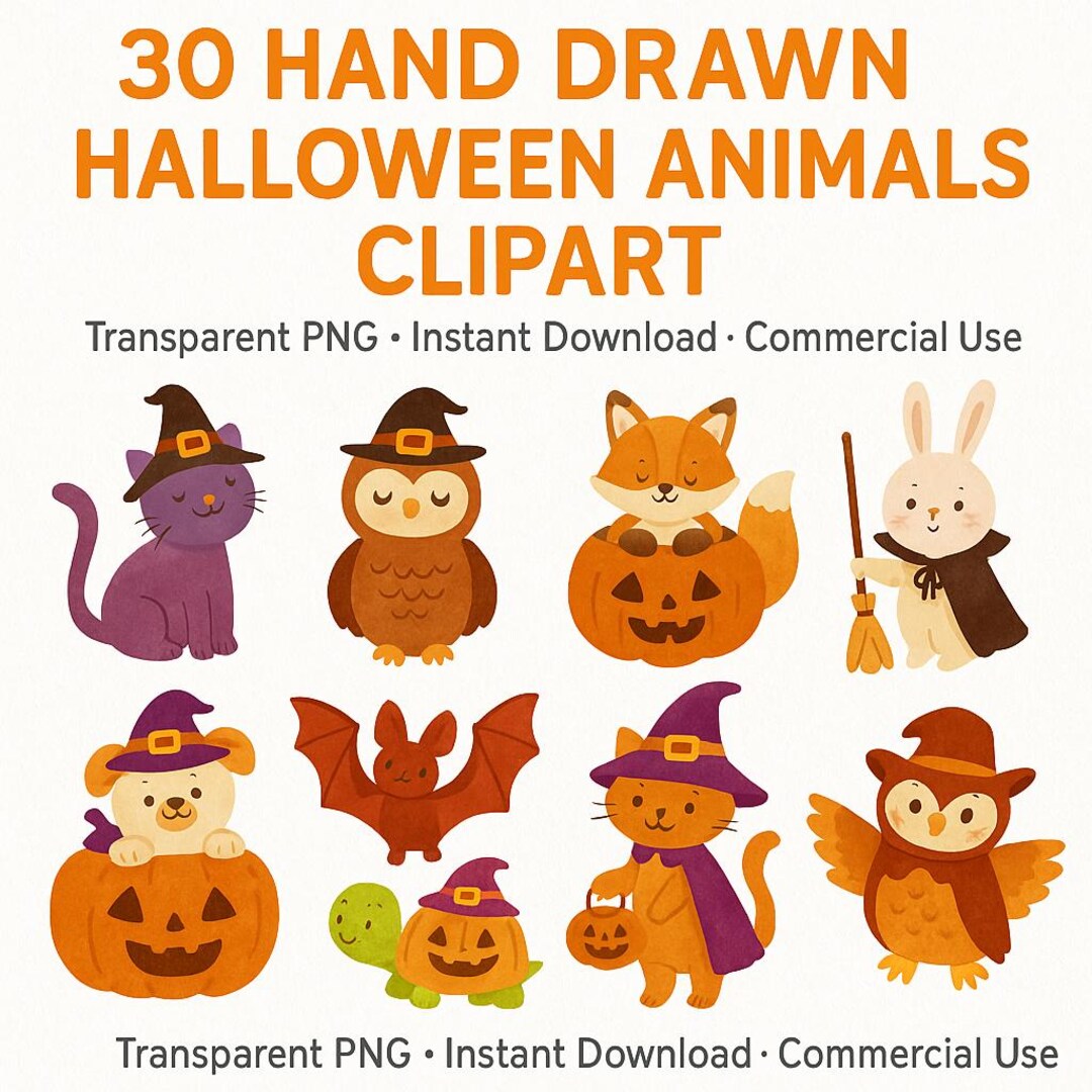 30 Hand Drawn Halloween Animals Clipart, Cute Spooky PNG Bundle ...