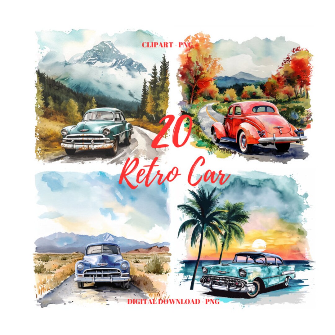 Retro Car PNG Clipart, 20 Watercolor Car PNG, Unique Watercolor Car ...