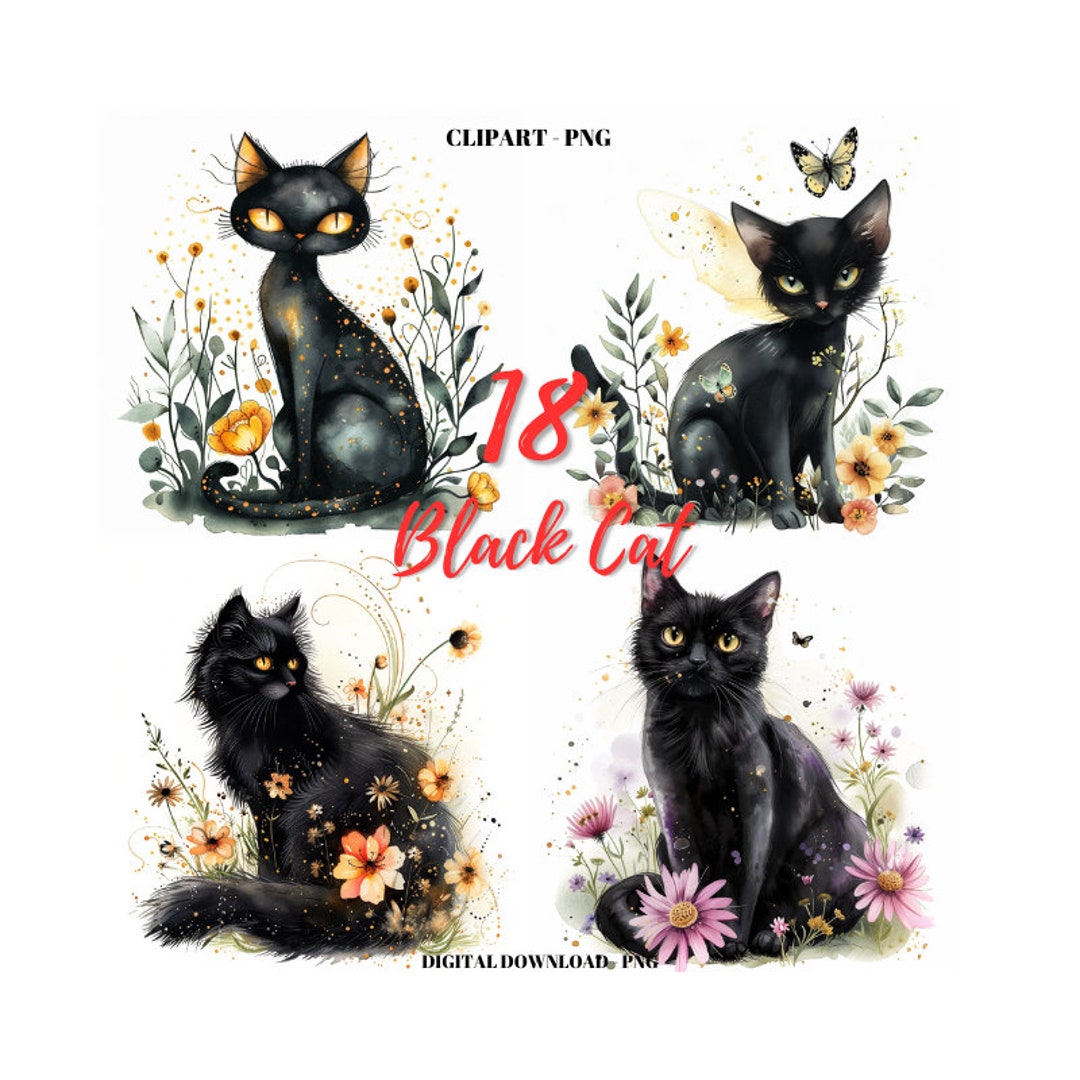 Black Cats Clipart Png, Watercolor Fantasy Black Cat Images Bundle ...