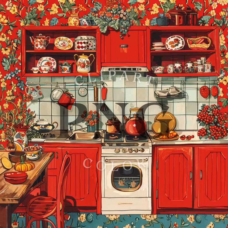 Vintage Kitchen Clipart, 16 Red Kitchen Images Bundle, Vintage PNG Set ...
