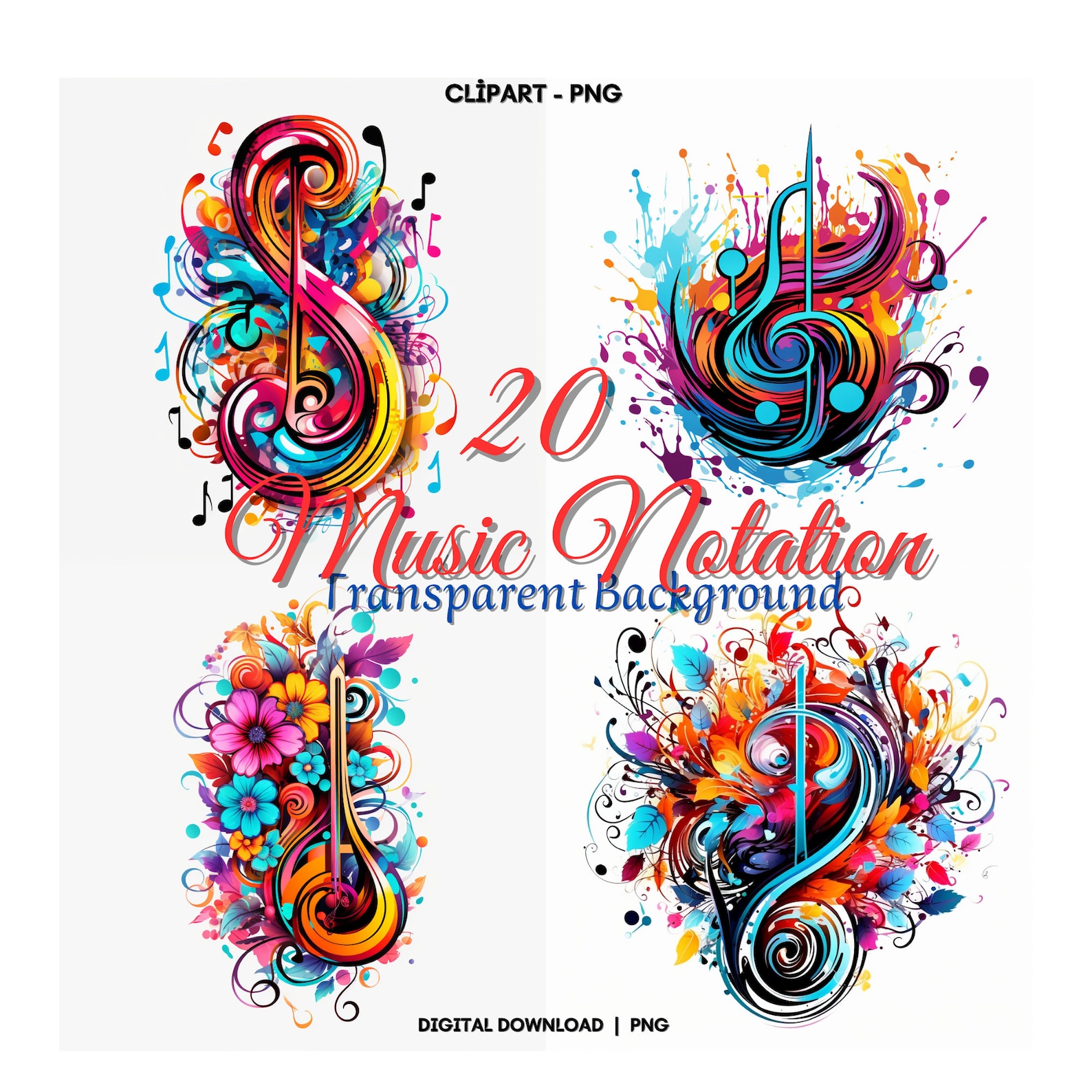 Music Notation Watercolor Clipart PNG, 20 Colored Musical Note, Instant ...