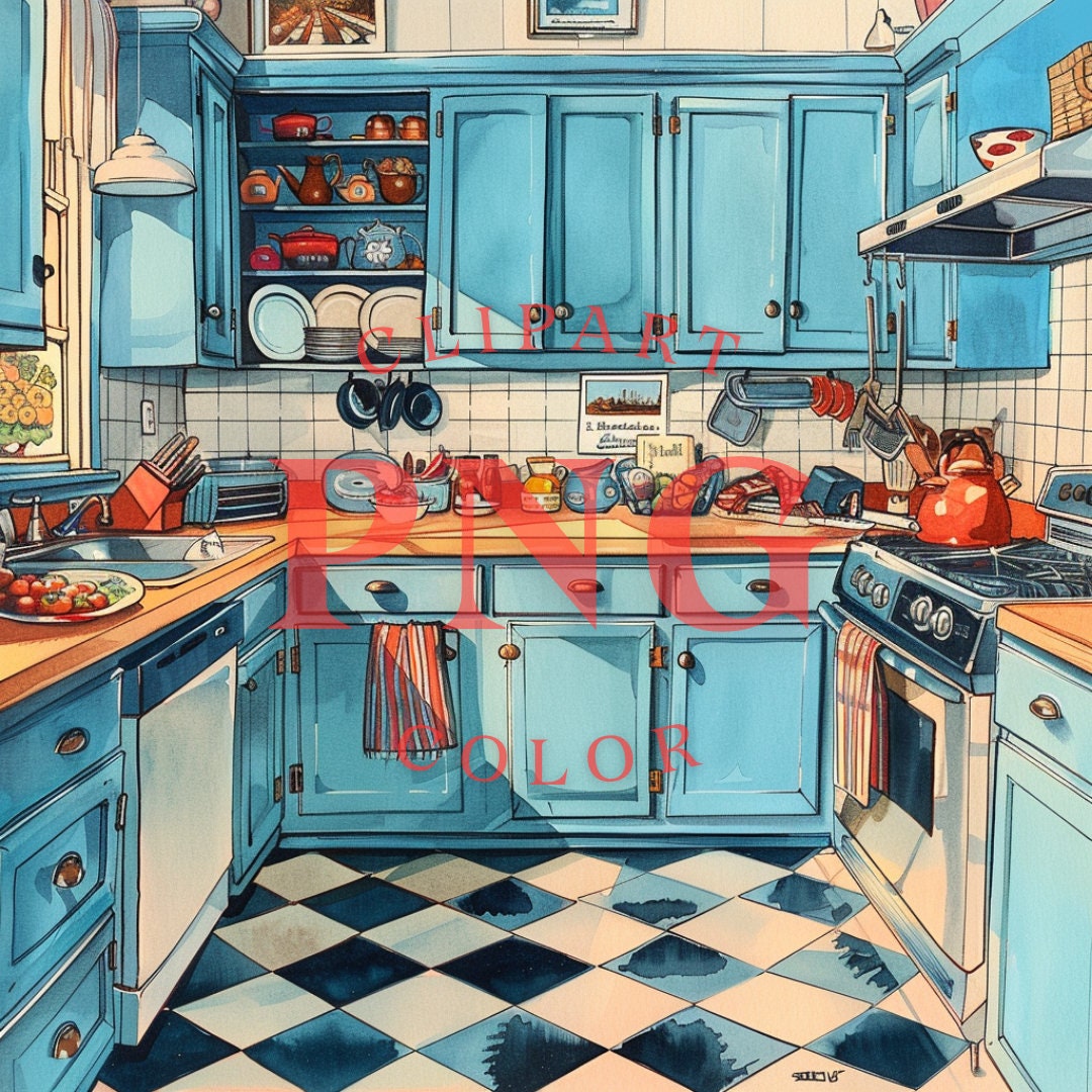 Vintage Kitchen Clipart, 15 Blue Kitchen Images Bundle, Vintage PNG Set ...