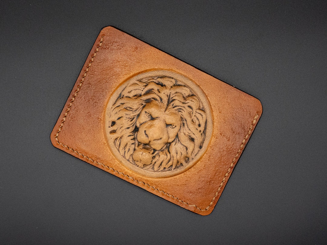 Engraved Leather Wallet, Lion Head Wallet, Leather Billfold, Male ...