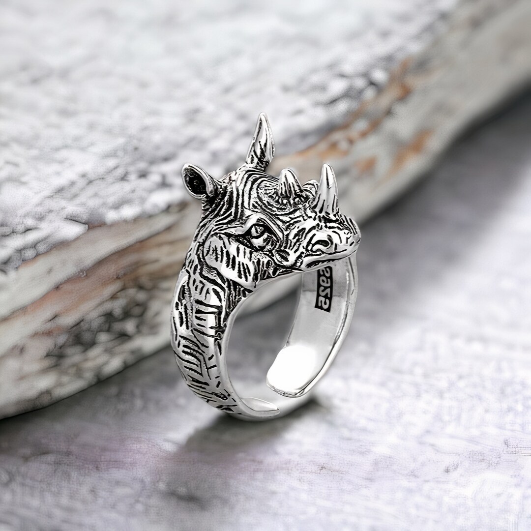 Sterling Silver Rhino Ring Adjustable Animal Ring Cute - Etsy