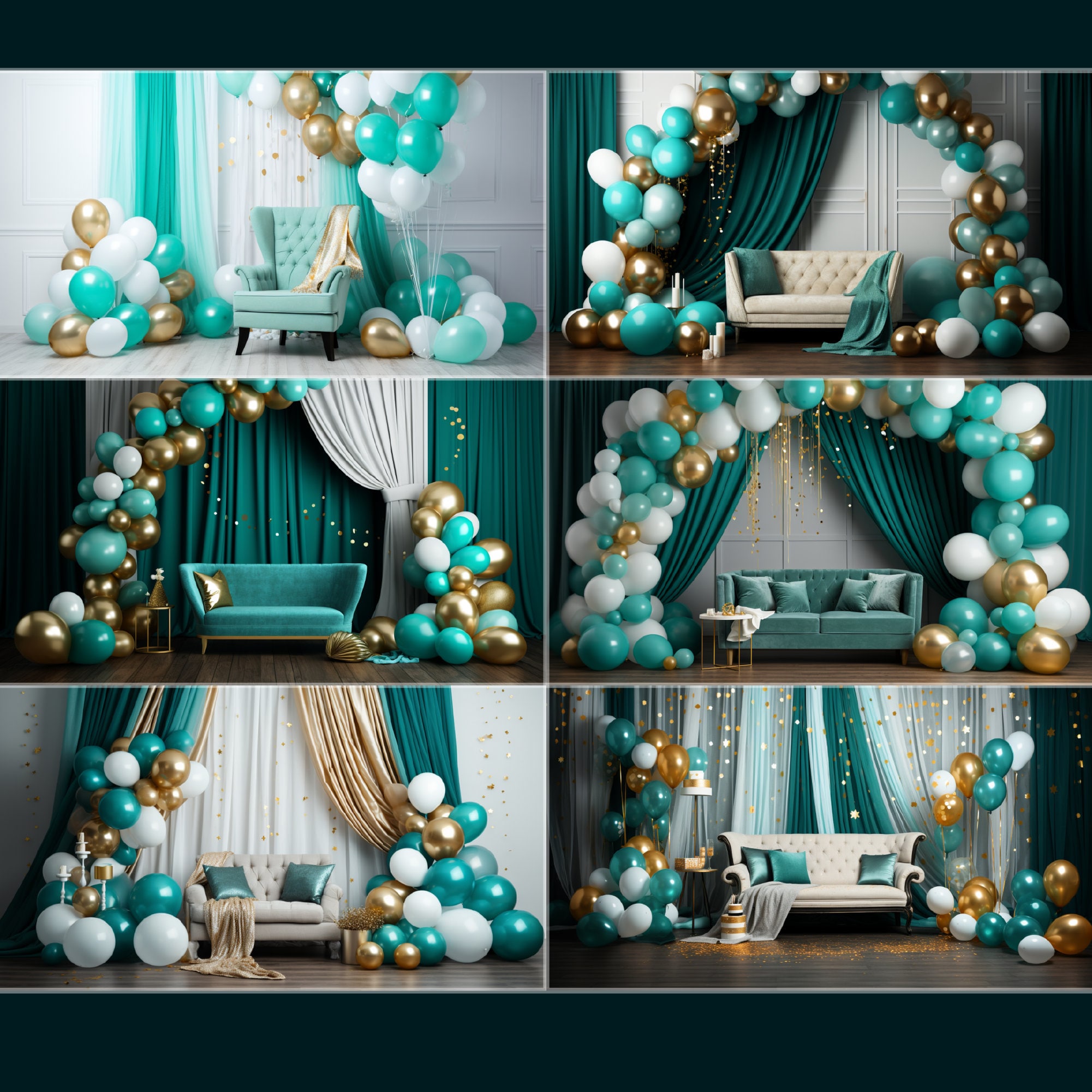 30 Turquoise Gold White Balloons, Green Birthday Celebration Backdrop ...