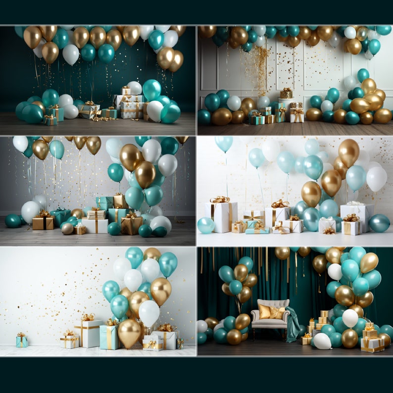 30 Turquoise Gold White Balloons, Green Birthday Celebration Backdrop ...