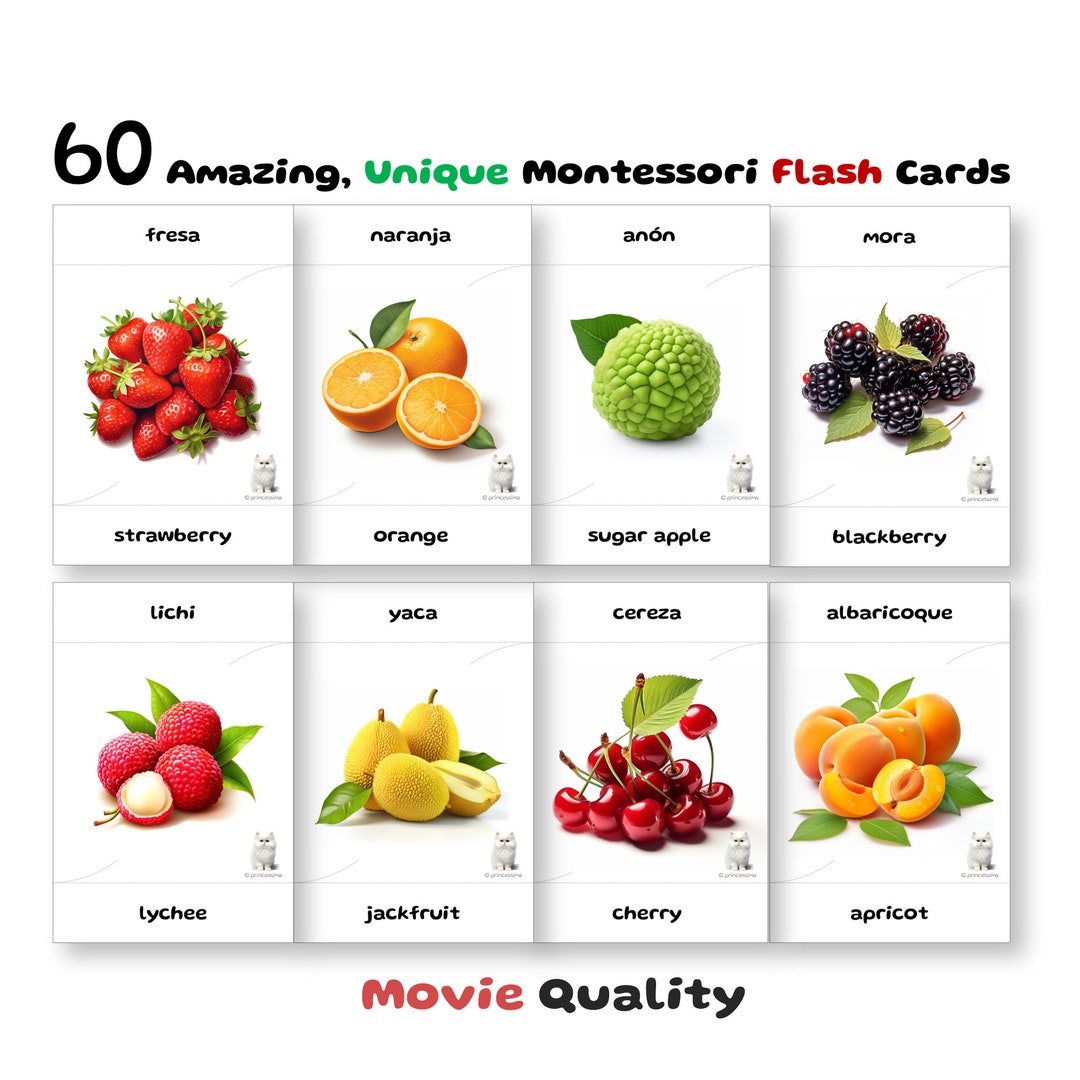 60 Yummy Fruits Flash Cards, English, Montessori Gift, Pre-school Cards, Educational Printable ...