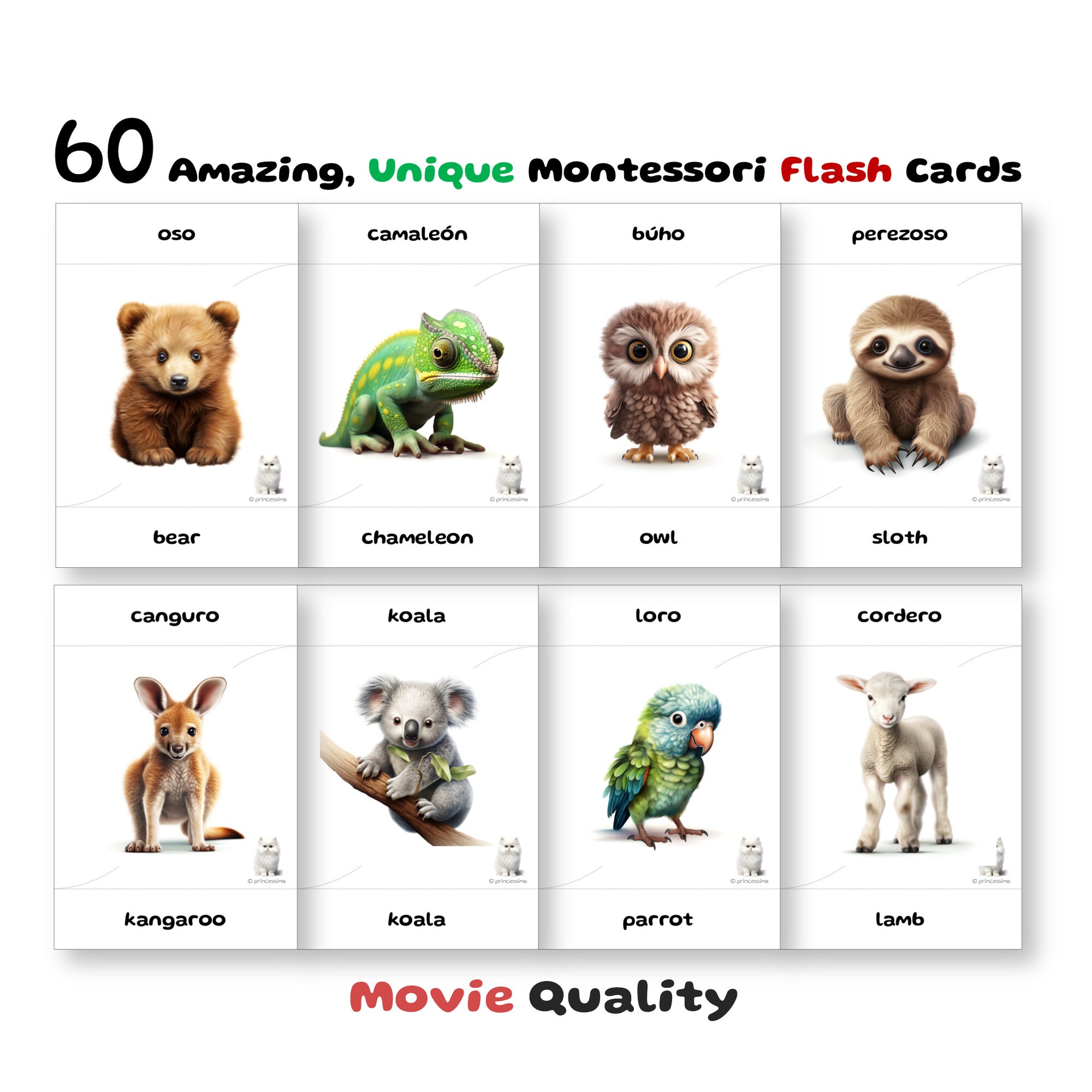 60 Baby Animal Flash Cards, Spanish Montessori, Pre-school Cards ...