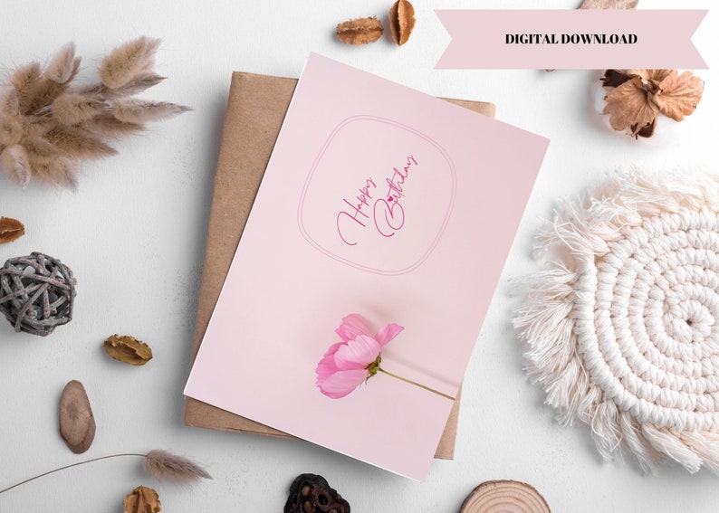 Happy Birthday Card, Printable Birthday Card, Pink Flower Printable ...