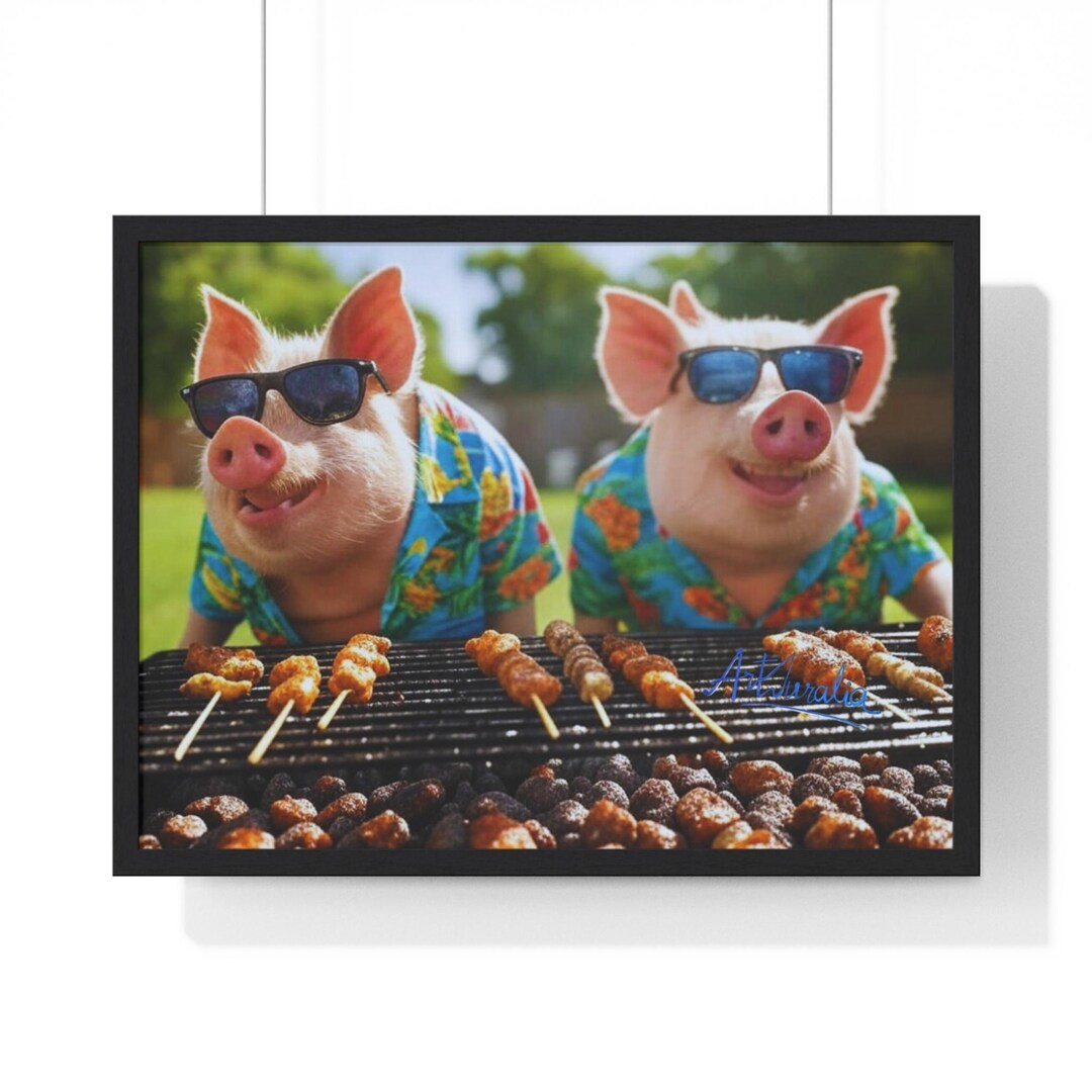 Colorful BBQ Pigs Horizontal Framed Poster, Kitchen Wall Art, Humorous ...