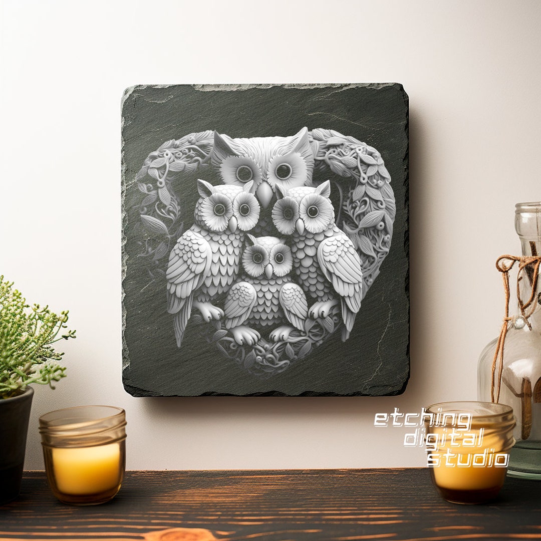 Owl Family Slate PNG | Slate Coasters Engraved | Slate Boards Etching ...