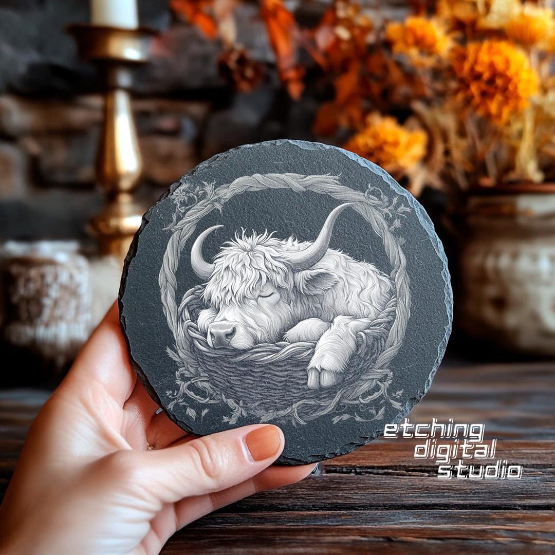 Highland Cow Slate PNG | Slate Coasters Engraved | Slate Boards Etching ...