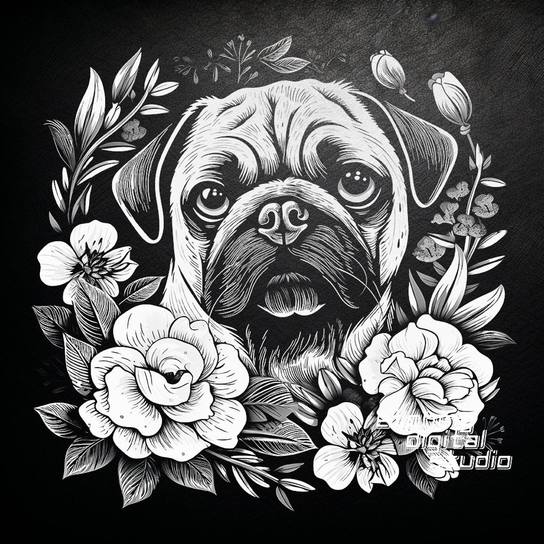 Floral Pug PNG for CNC Laser Engrave, Laser Burn, Glowforge File ...