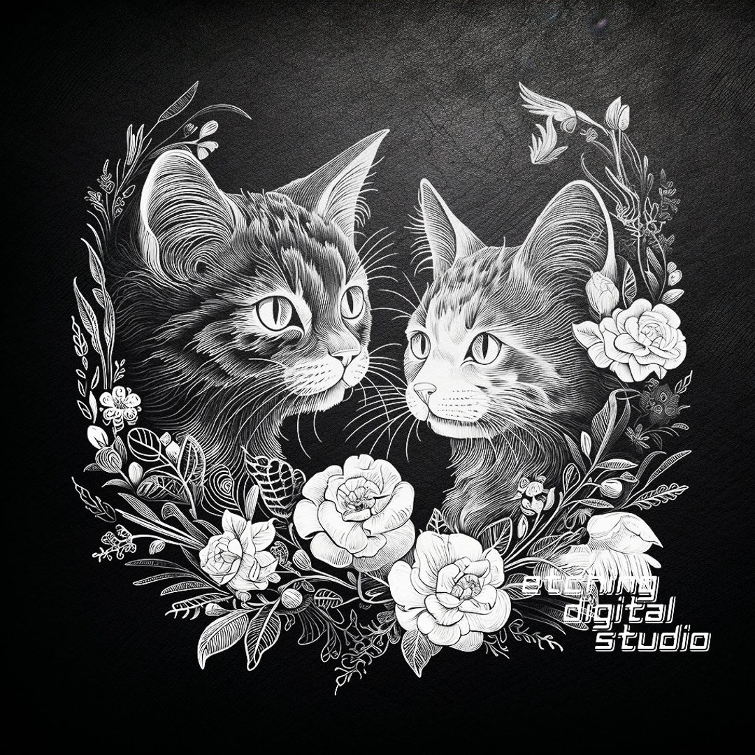 Floral Cats PNG for CNC Laser Engrave, Laser Burn, Glowforge File ...