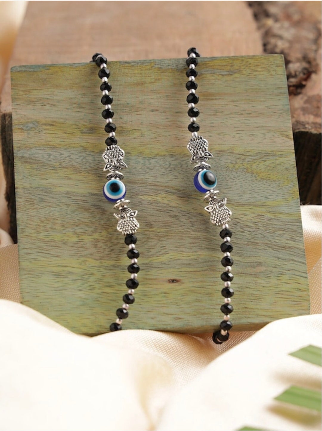 Evil Eye Bracelet Beaded Owl Anklet Blue & Black Silver-plated Anklet ...
