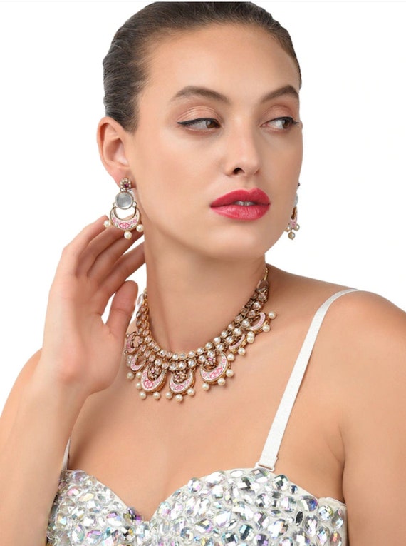 Zaveri Pearls Gold Pink Kundan Traditionelles Schmuck Set Etsy