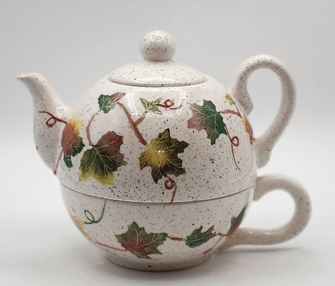 Stackable Stoneware 3 Piece Teapot Cup and Lid ~ Single Service 2 Cup ...