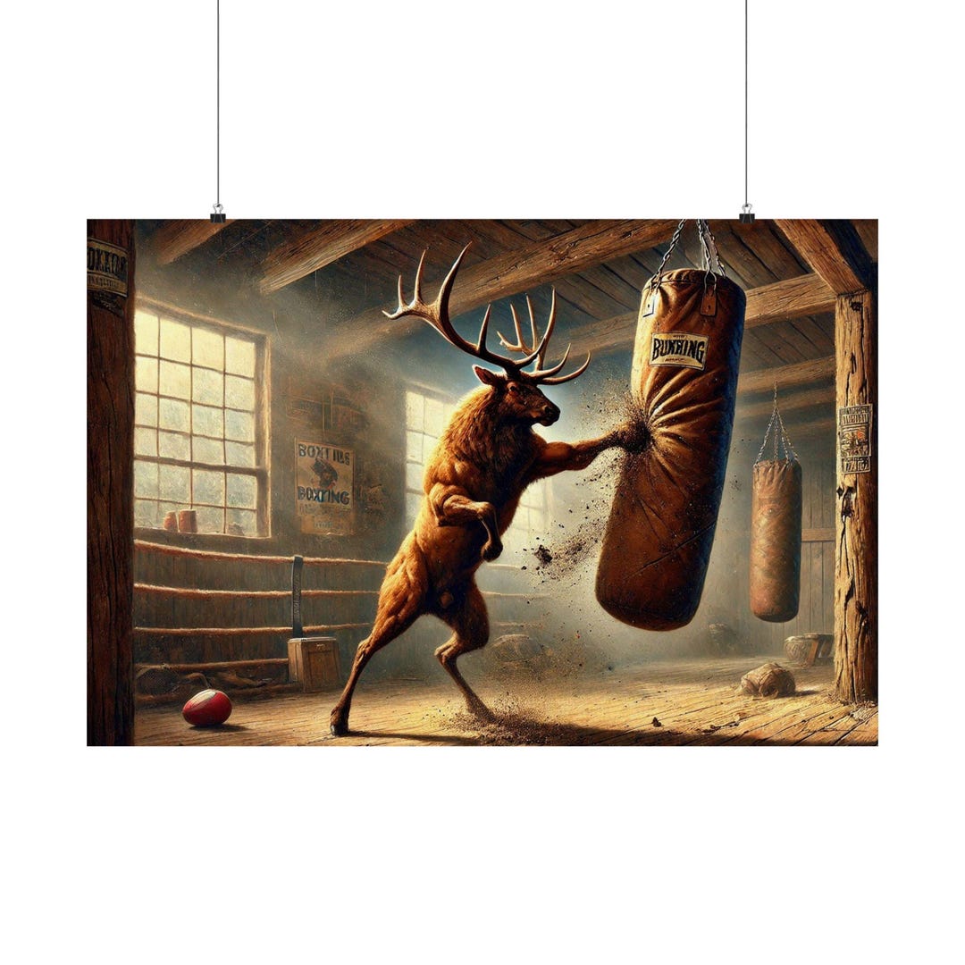 Muscular Elk Boxing Oil Painting Poster, Rustic Gym With Dust and ...