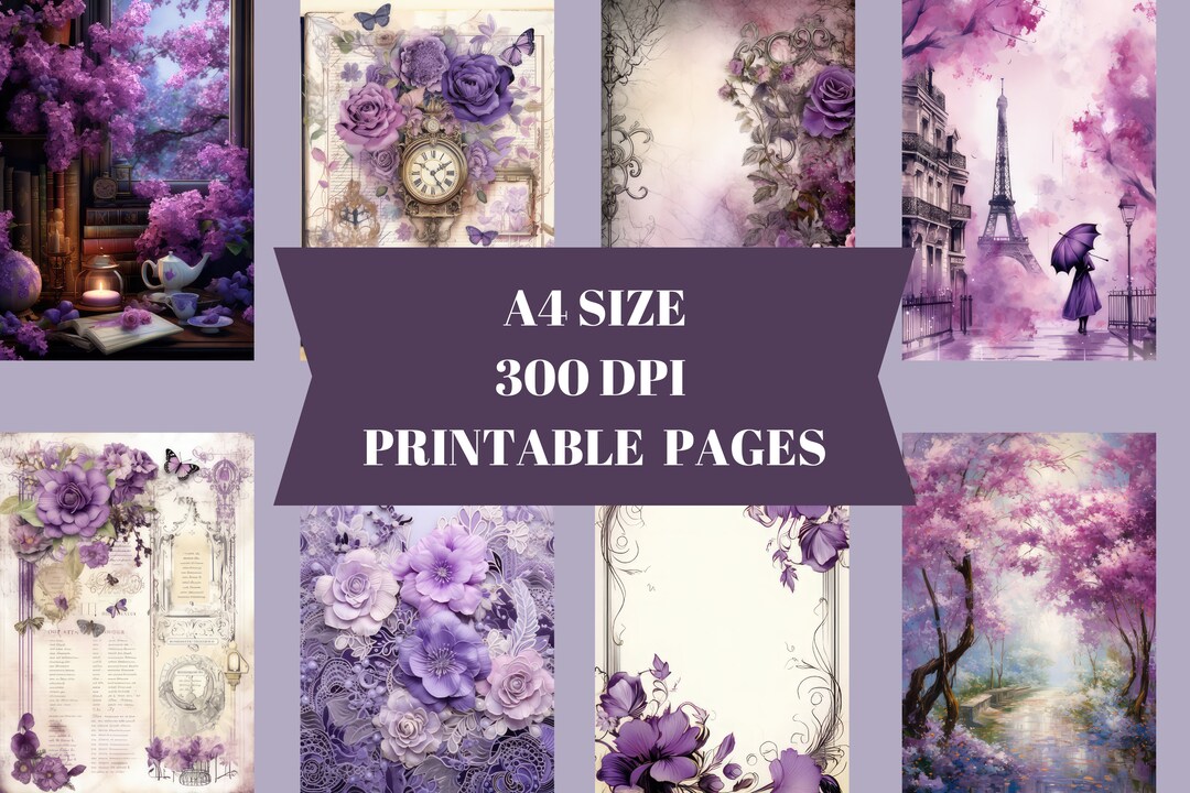 30 Sheets Bundle, Purple Junk Journal Paper, Digital Download, Vintage ...