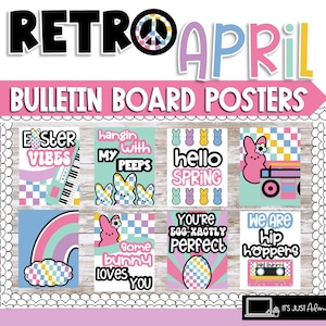 April Posters Bulletin Board Easter Posters Boho Retro Rainbow Spring ...